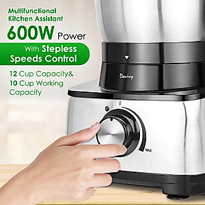 Davivy Food Processor 12 Cup,Stainless Steel Bowl Food Processor,6 Blades 9 Functions Vegetable Chopper for Home Use,Stepless Variable Control,Black,600W (12-Cup Stainless Steel Bowl)