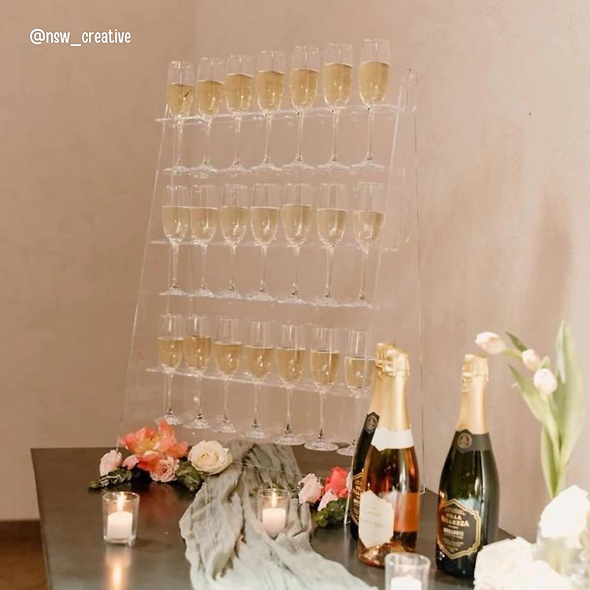 2 in 1 Champagne Wall Holder for Party Modern Acrylic Donut Stand Wedding Decor 32" x 22" Table Top Tower 25 Snack Dowels Mimosa Bar Decorations