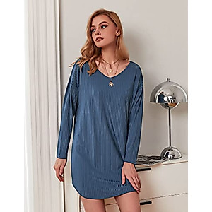 Ekouaer Womens Night Shirts V Neck Sleep Shirt Long Sleeve Tshirt Nightgowns Oversized Shirt Dress(Navy Blue,Large)