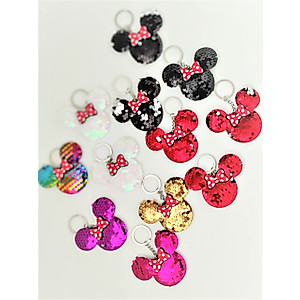 ITISMINE 12 pieces Sparkly BLINK Plush Reversible Sequin 3 inch Key Chain Appeal Backpack Bag Accessories (Minnie Shape), Red Pink Gold Silver Rainbow, 1 size fit all