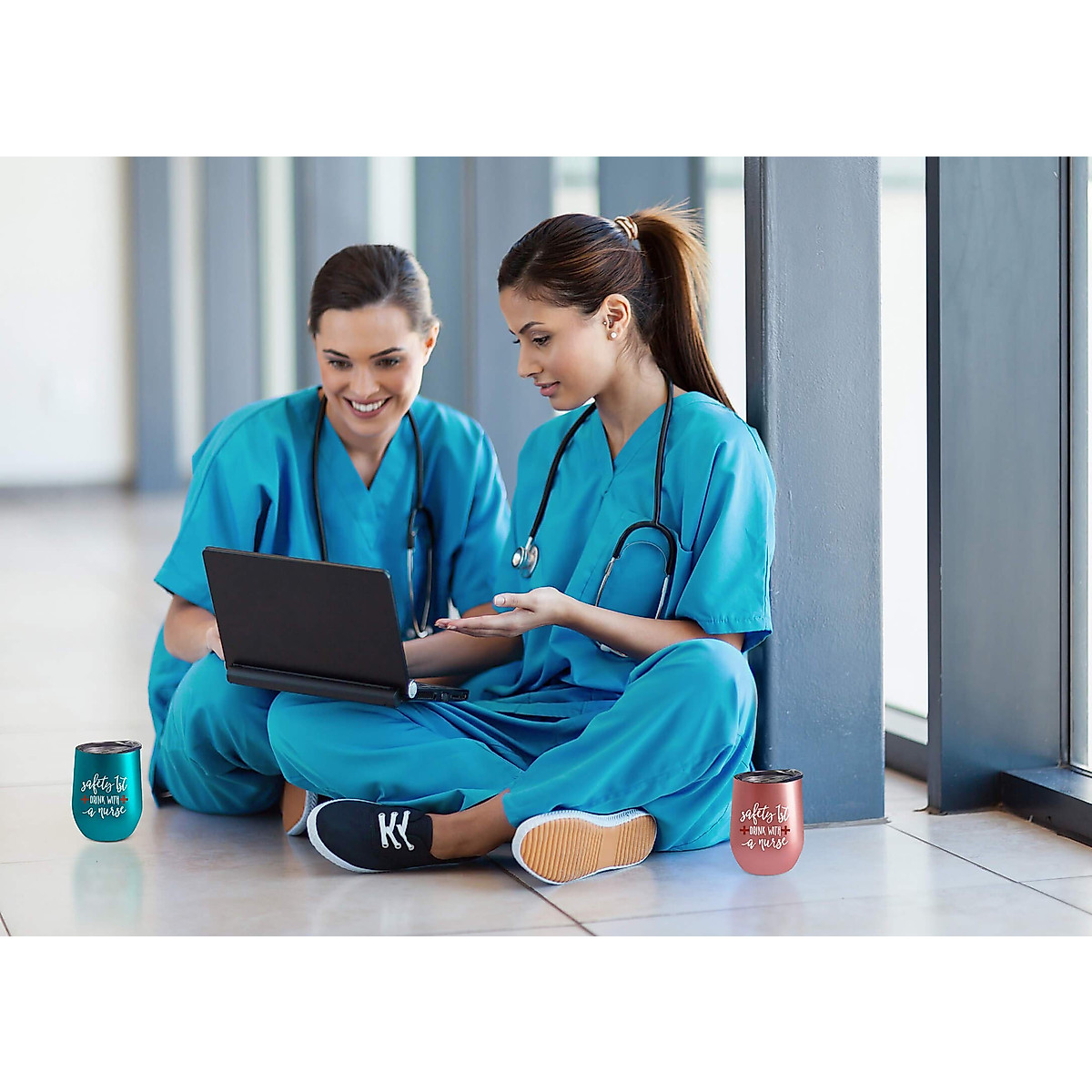 Fancyfams Nurse Gifts for Women - Nurse Gifts - Safety First Drink with a Nurse - 12 oz Stainless Steel Wine Tumbler with Lid and Straw - Nurse Practitioner Gifts (Turquoise)