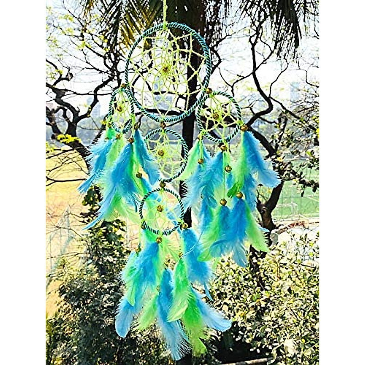Rooh Dream Catcher ~ Neon green and blue 4 tier ~ Handmade Mandala Hangings for Positivity (Can be used as Home Décor Accents, Wall Hangings, Garden, Car, Outdoor, Bedroom, Kids Room, Meditation Room)