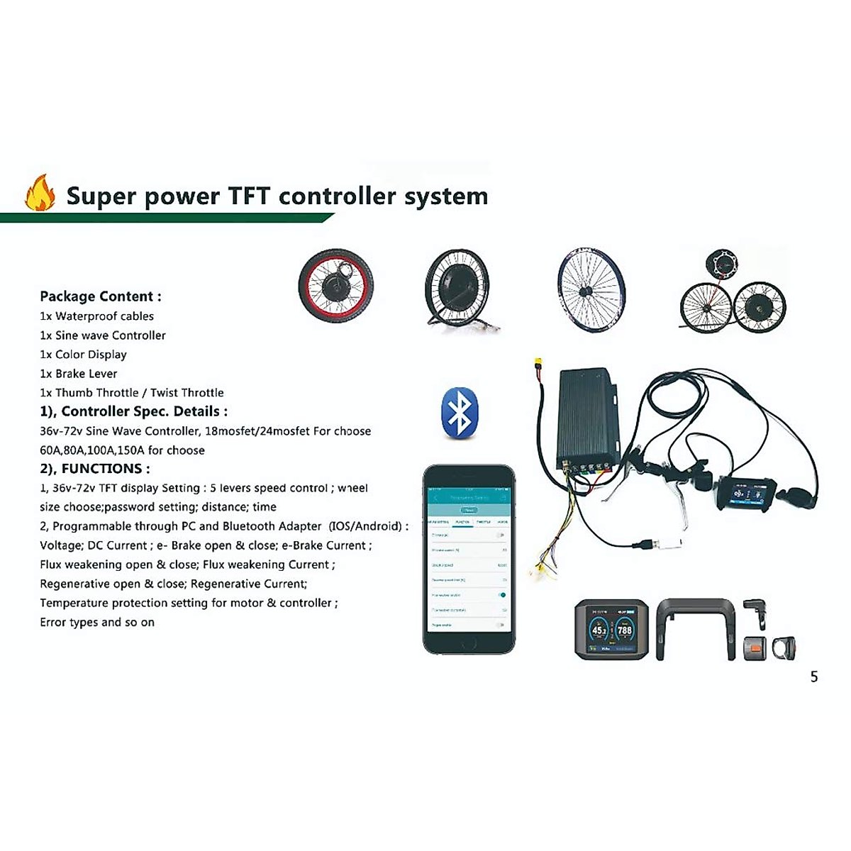 TFT Display 48V-72v 100A 5000w Electric Bike Controller sine Wave System Programmable Setting sabovton Controller