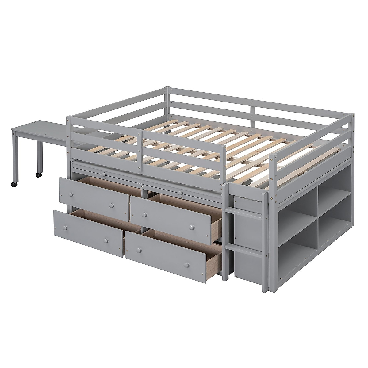 VilroCaz Full Size Low Loft Bed with Retractable Writing Desk and 4 Drawers, Multiple Functions Wooden Loft Bed Frame with Storage Shelves for Kids Teens Boys Girls, Sturdy Slats Support (Grey-AFULL)