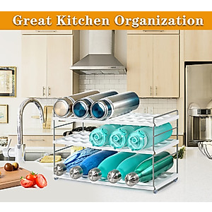 Water Bottle Organizer for Cabinet & Stackable Cup Organizer for Cabinet,3 Tier Cup Organizer for Sports Flask Insulated Travel Mug Fridge, White,Wine Drink Rack for Kitchen Countertop Freezer Pantry