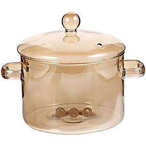 Hemoton 64oz(1.9L) Glass Saucepan with Cover Dual Handles Pot, High Boron Glass Simmer Pot for Stovetop - for Pasta Noodle, Soup, Milk, Tea (Amber)