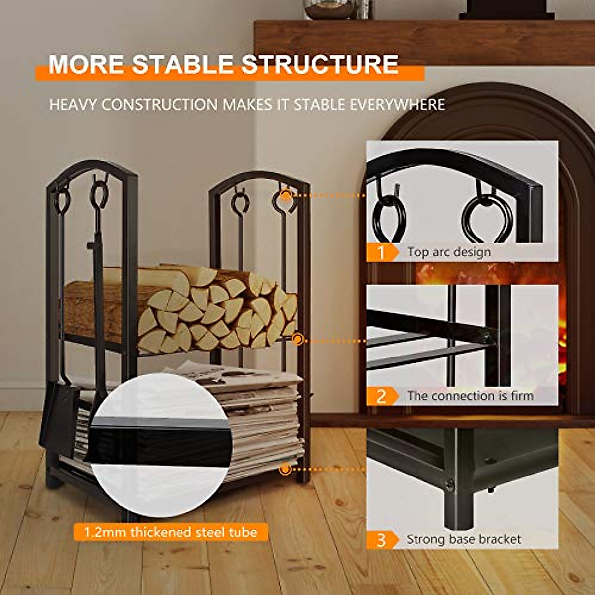 WBHome Firewood Rack with 4 Tools - Iron Fire Log Holder Storage Set Includes Brush, Shovel, Poker, and Tongs, 17 x 29 x 12 inches, for Indoor/Outdoor