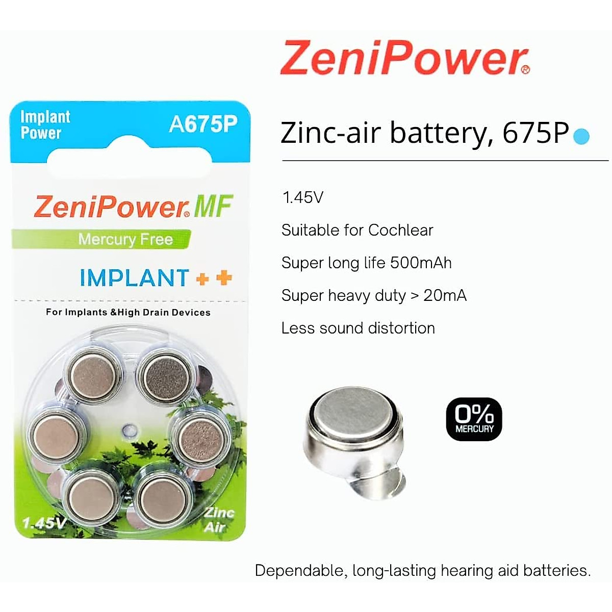 ZeniPower Mercury Free Cochlear Implant Batteries 60 Batteries