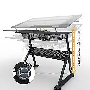 VejiA Drawing Table, Height/Angle Adjustable Drawing Desk Craft Station Drafting Table with One Side Table, Stool and Two Drawers, Tempered Glass Top, for Painting, W