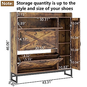 Auromie Shoe Storage Cabinet, Free Standing Shoe Organizer with 2 Flip Drawers, Shoe Rack with Adjustable Side Cabinet, Entryway Narrow Shoe Storage with Door for Hallway, Living Room (Rustic Plus)