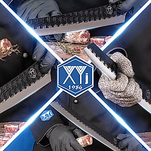 XYJ Japanese Chef Knife With Knife Guards Protector,Sharpener Rod,Carving Brisket Knives,Camping Butcher Kitchen Knives,Curved Full Tang (14.5 Inch)