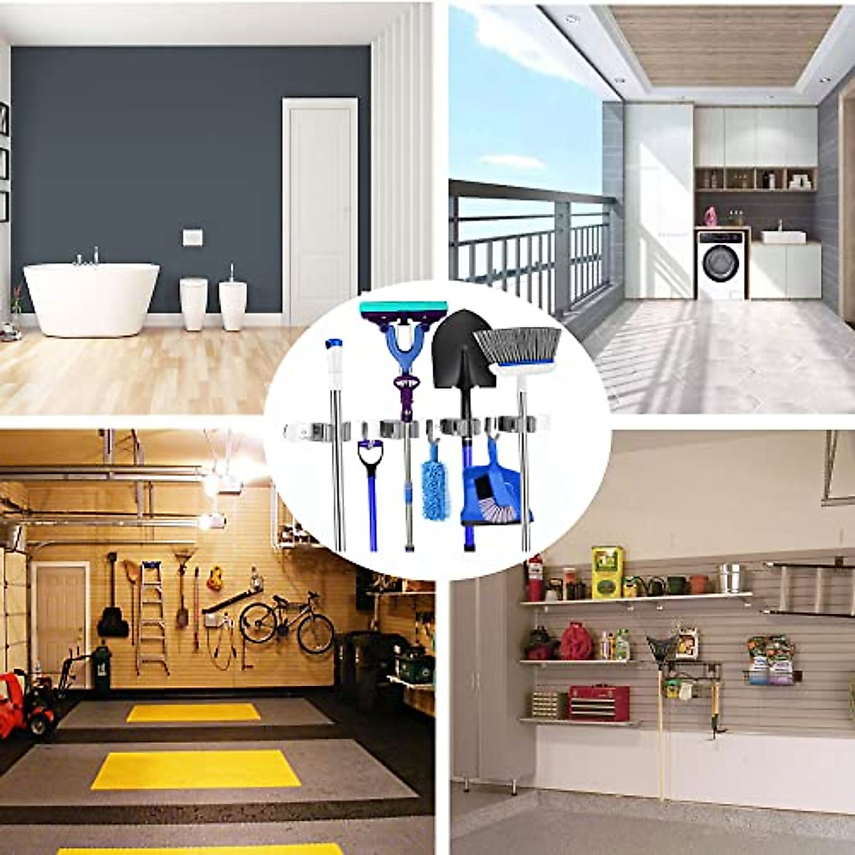 Bosszi Mop and Broom Holder, 3 Positions 4 Hooks Heavy Duty Hanger Wall Mounted Stainless Steel Organizer for Holders, Home Laundry Bathroom, Garage Storage System Utility Tools Rack Storage, Grey