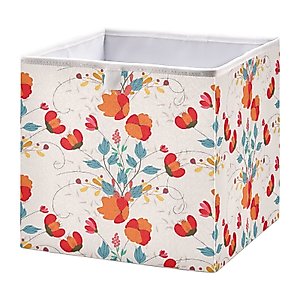 Vintage Orange Flower Floral Storage Bins Cubes Storage Baskets Fabric Foldable Collapsible Decorative Storage Bag with Handles for Shelf Closet Bedroom Home Gift 11" x 11" x 11"