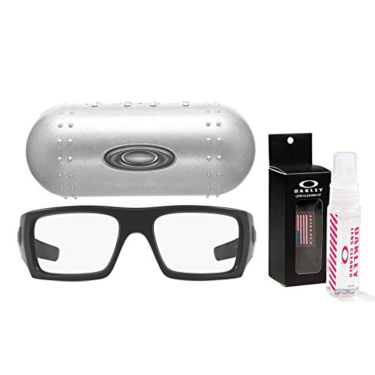 Oakley Men's Det Cord Rectangular Glasses (Matte Black, 61 mm) Bundle with Large Metal Vault Case and USA Flag Lens Cleaning Kit