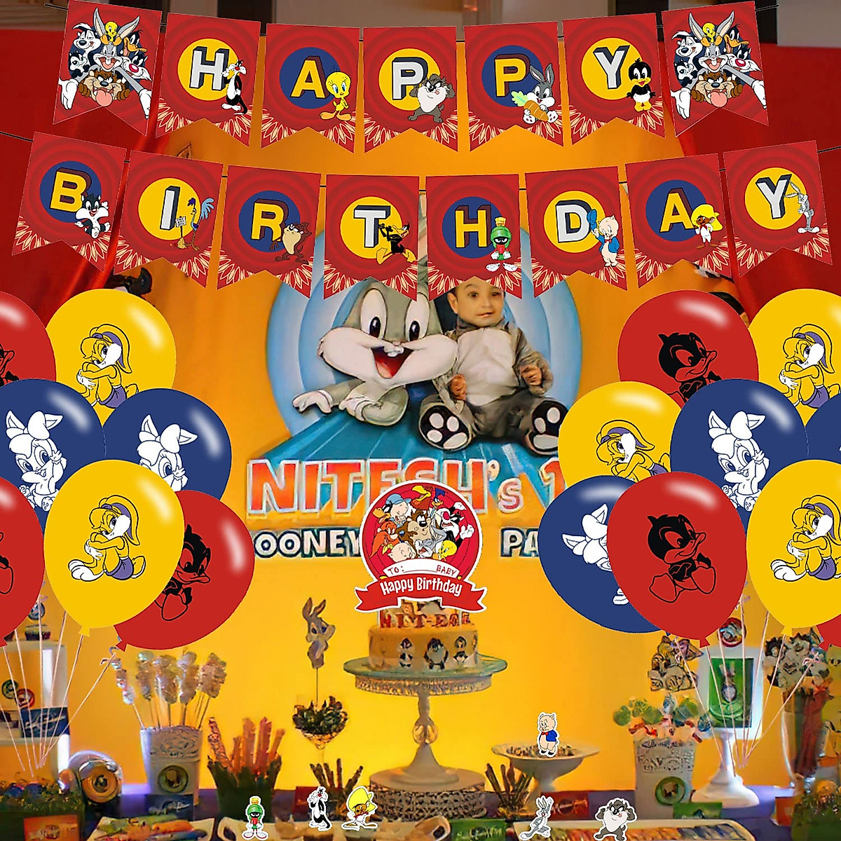 Looney Tunes Party Decorations, Birthday Party Supplies For Looney Tunes Party Supplies Includes Birthday Banner - Cake Topper - 12 Cupcake Toppers - 18 Balloons