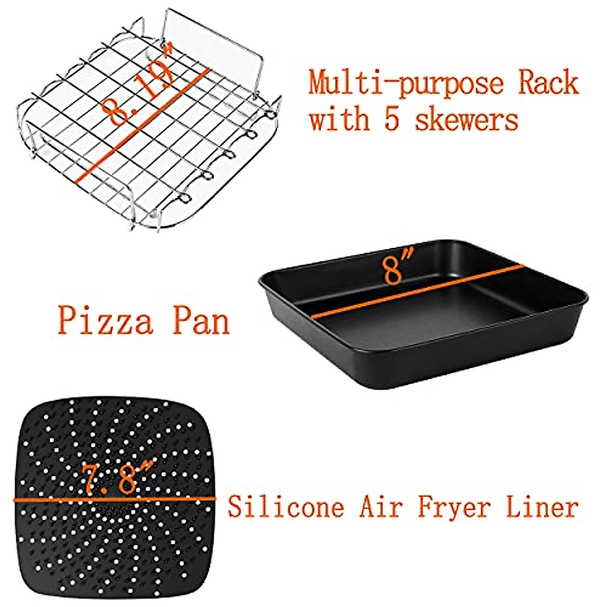 8 inch Square Air Fryer Accessories for Instant Vortex Air Fryer,COSORI,Philips AirFryers,Set of 4,Multi-purpose Double Layer Rack with Skewer,Nonstick Pizza Pan,Silicone Mat