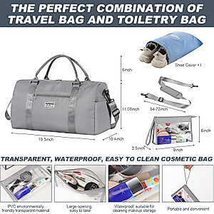 SUPROMOMI Large Travel Duffel, Sports Tote, Gym Yoga Bag - Airplane Carry-on with Extra Shoe & Small Clear Makeup Bag - Overnight Crossbody for Men & Women - Grey