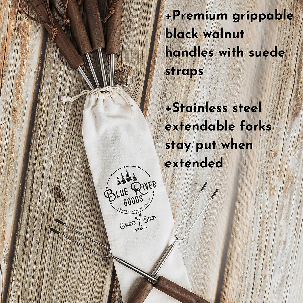 Blue River Goods Smores Sticks | Set of 6 Marshmallow Roasting Sticks | Telescoping Stainless Steel w/Walnut Handles | Smore Sticks for Marshmallow Sticks for Fire Pit | Smore Sticks for Fire Pit