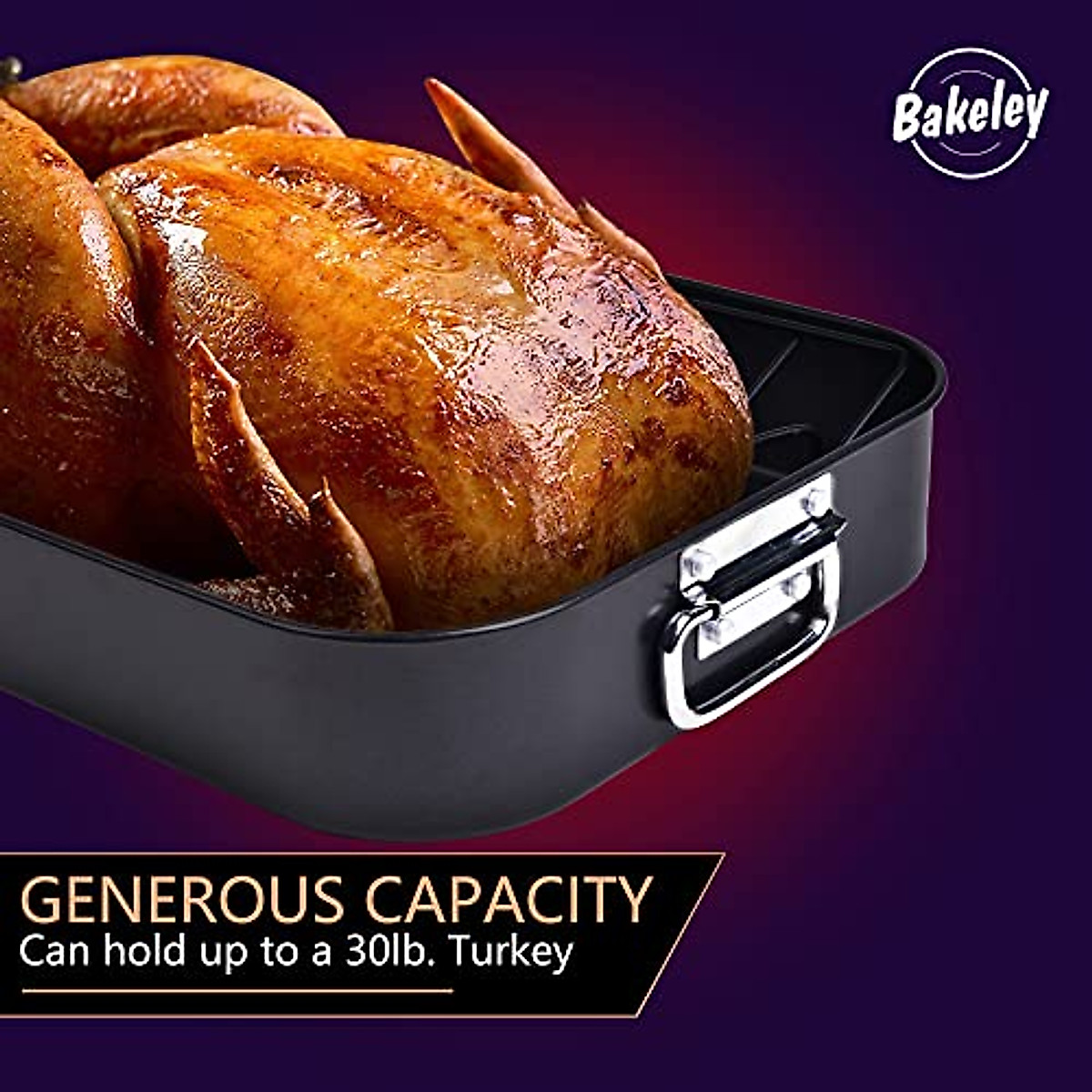 Bakeley Roasting Pan, Nonstick Roaster Pan with Rack, Turkey Roasting Pan with V Rack, 17 Inch x 13 Inch, Black