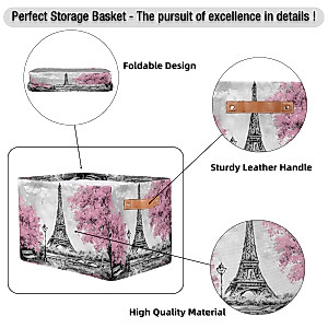 Shelf Storage Basket French Paris Eiffel Tower Canvas Large Storage Collapsible Organizer Toy Boxes Clothes Laundry Storage Bins Cubes with Handles for Closet Bedroom Nursery Home Office 2 Pack