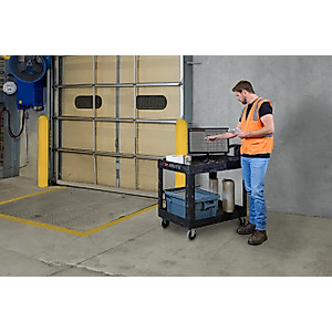 Rubbermaid Commercial Products 2-Shelf Utility/Service Cart, Medium, Lipped Shelves, Ergonomic Handle, 500 Lbs Capacity, for Warehouse/Garage/Cleaning/Manufacturing (FG452088BlA)