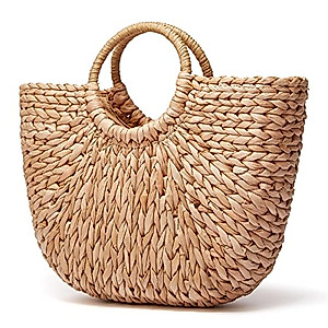 Womens Large Straw Bags Beach Tote Bag Hobo Summer Handwoven Bags Purse With Pom Poms (C-Khaki)