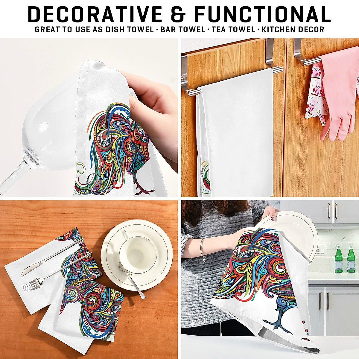 Exnundod Chicken Kitchen Dish Towel Set of 4, Ethnic Rooster Tea Towels Decorative 18x28in Reusable Thin Absorbent Microfiber Dishcloth for Drying Wiping Cleaning Decorative