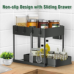 Under Sink Organizers and Storage 2 Tier Under Cabinet Organizer Bathroom Under Sink Storage for Kitchen with Sliding Drawers, Hooks, Multi-purpose Pull Out Under the Sink Organizer and Storage