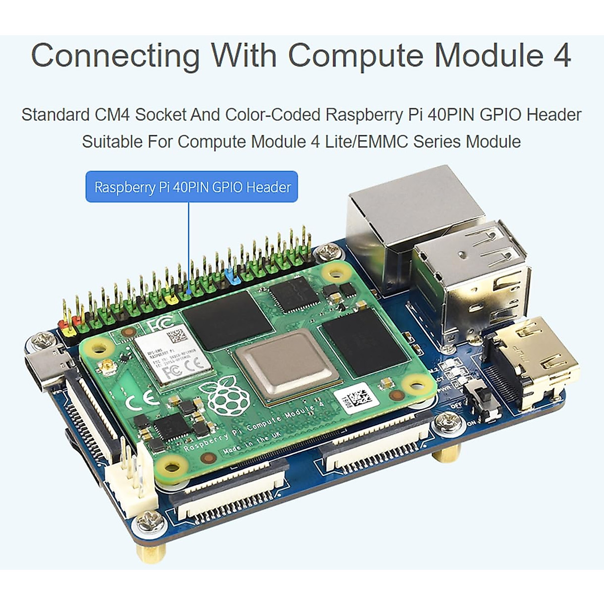 for Raspberry Pi Compute Module 4,Mini Base Board (A) with Standard CM4 Socket and Raspberry Pi 40PIN GPIO Header Onboard Multiple Connectors CSI/DSI/FAN/HDMI/USB/RJ45, etc.