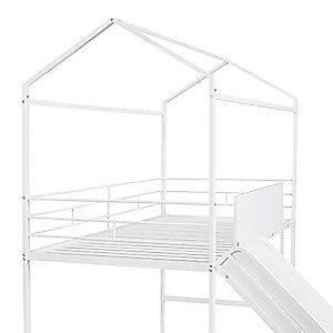 BOVZA Twin Size Metal House Loft Bed with Slide and Roof, Multifunctional Loftbed Frame with Two-Sided Writable Wooden Board, White