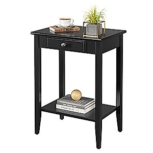 IDEALHOUSE Black End Table with Drawer, Side Table for Living Room Bedroom, Wood Nightstand with Shelf, 2-Tier Storage Bedside Table Accent Table Small Table for Small Places