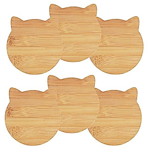 Baveke Bamboo Crafted Unique Adorable Cat Shaped Coasters Set of 6 for Bar Dining Table Kitchen Home Décor - 5.3 Inches, Natural