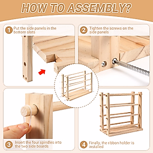 NewEle Two-row Ribbon Holder Organizer Rack - Wooden Ribbon Spool Holder for Mesh Ribbon Wreath Thread Tulle Roll Washi Tape, Ribbon Organizer for Craft Room, Florist Supplies, Wrapping Craft