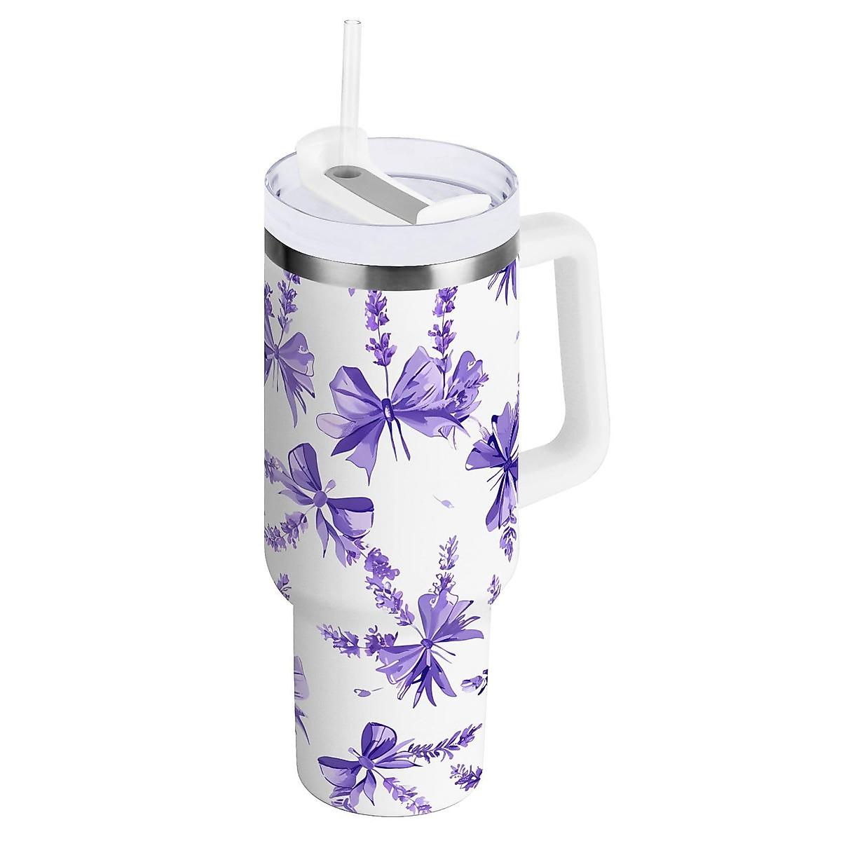 FENOCHE Lavender Flower Bow Tie 40 oz Tumbler Insulated Cups Stainless Steel Water Bottle with Handle Lid and Straw Tumblers for Car Cup Holder