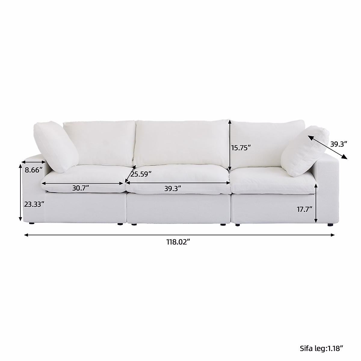 Sdorens Modern Modular Sectional Sofa 3 Seat, Cushion Covers Removable, 118" Minimalist Sofa Couch for Living Room Office Apartment, White