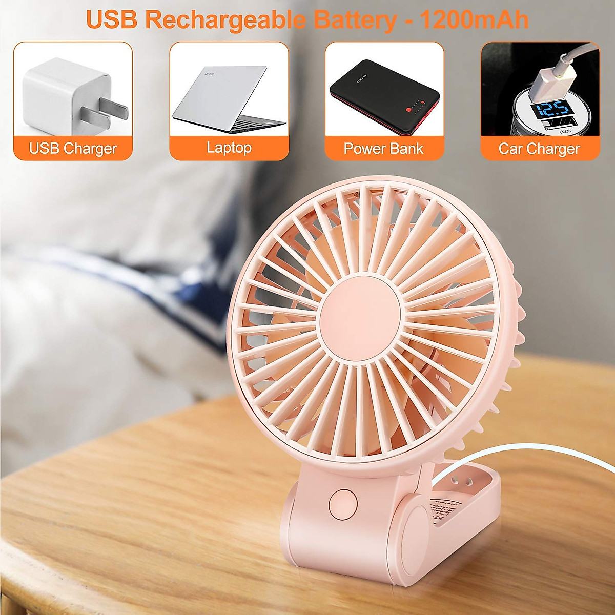 TriPole Mini Handheld Fan USB Portable Fans Rechargeable Battery Operated Foldable Desk Fan 3 Speed Hanging Personal Fan for Home Office Indoor Use Outdoor Travel