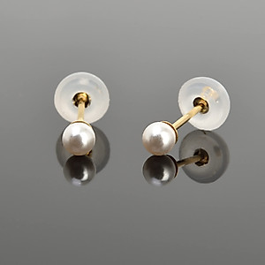 14K Solid Yellow Gold 3mm X-Small Tiny Swarovski Crystal White Pearl Stud Short Post Earrings for Girl Women