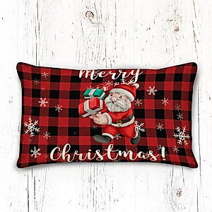 Farmhouse Cotton Linen Cushion Cover with Zipper 14x24in Red and Black Buffalo Plaid Merry Christmas Santa Claus Pillow Case Throw Pillow Cover for Living Room Bedroom Decor Xmas Gifts for Friend