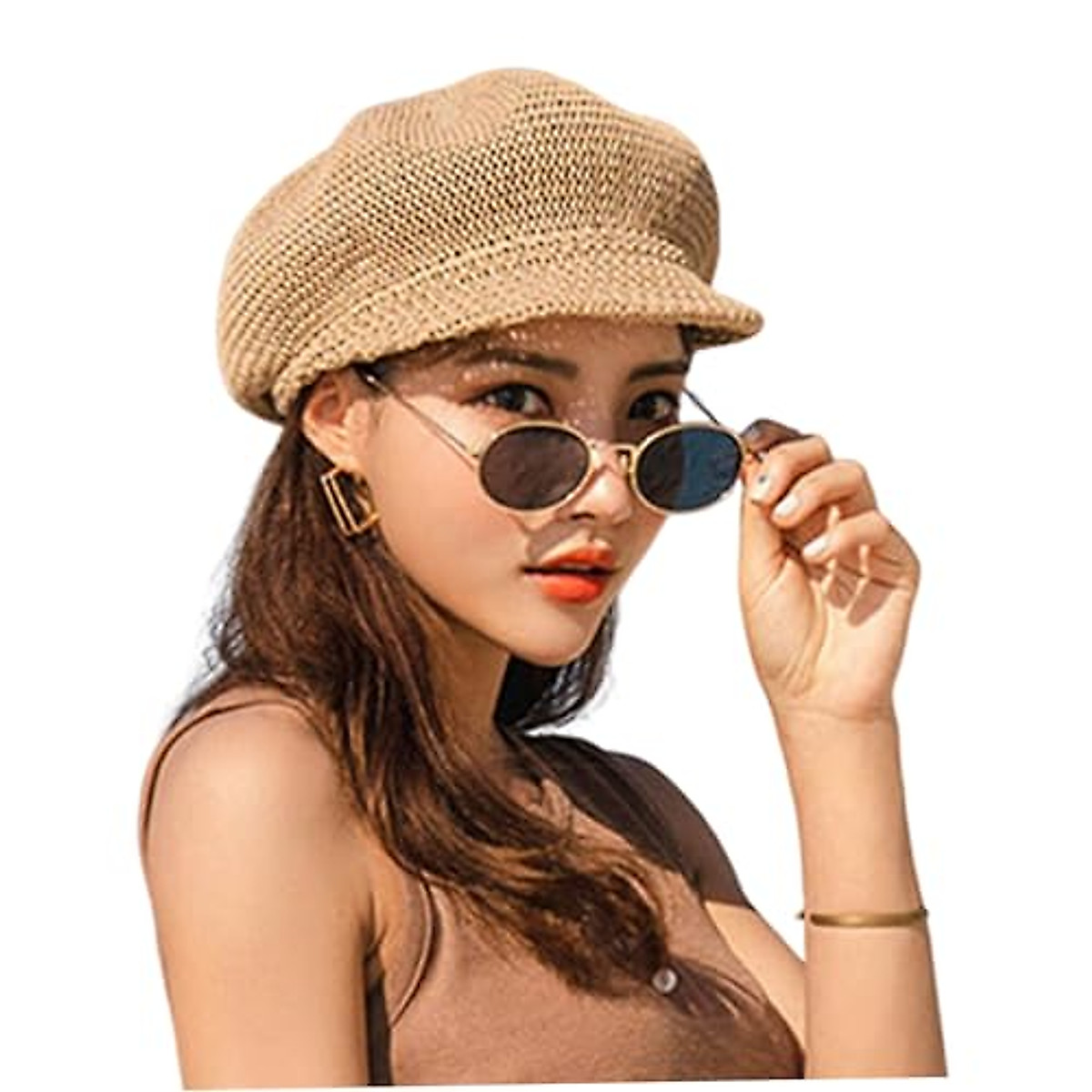 Newsboy Caps Straw Cap Women Summer Newsboy Cap Straw Knitted Beach Sun Hat with Adjustable Rope for Women Sun Hat Khaki