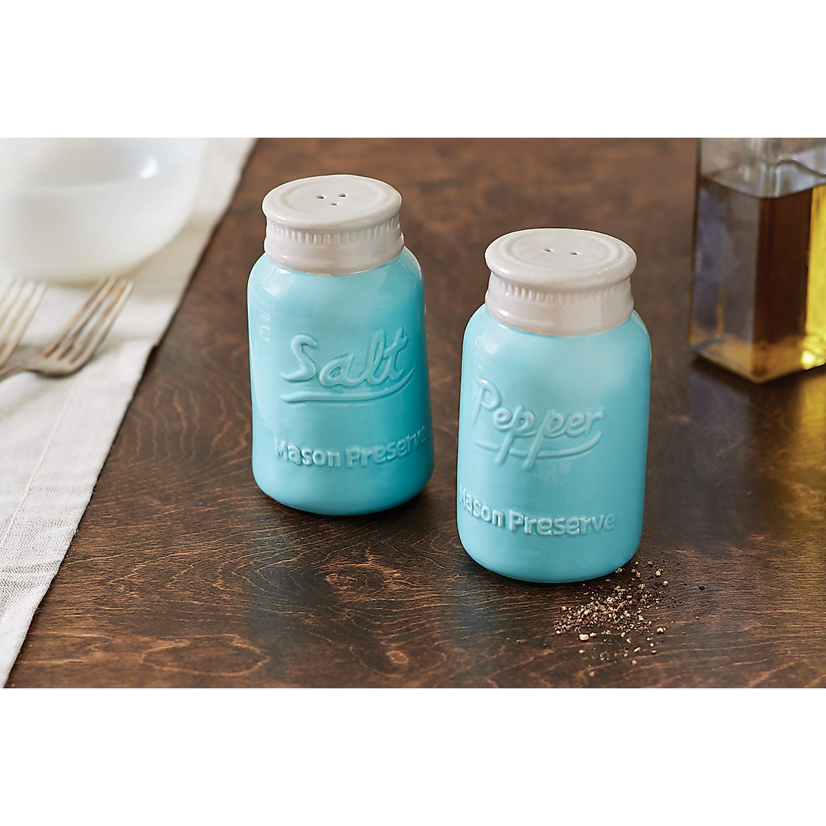 Fox Run Ceramic Mason Jar S&P Shakers, Salt and Pepper, Blue
