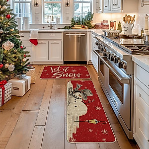 Artoid Mode Red Let It Snow Snowflake Snowman Winter Kitchen Mats Set of 2, Christmas Decor Low-Profile Kitchen Rugs for Floor - 17x29 and 17x47 Inch