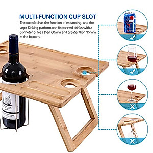 Ollieroo Portable Picnic Table for Wine and Glass, Outdoor Wooden Foldable Champagne Picnic Table, Bamboo Snack & Cheese Tray for Indoor/Outdoor