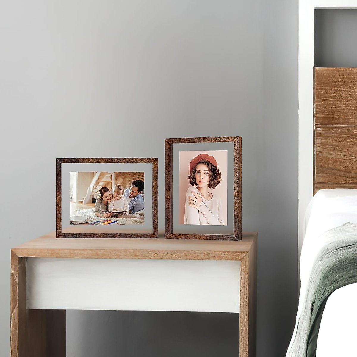 Trwcrt 5x7 Picture Frame Set of 4, Double Glass Floating Picture Frames Display up to 7 x 9 photos for Tabletop or Wall Hanging, Brown
