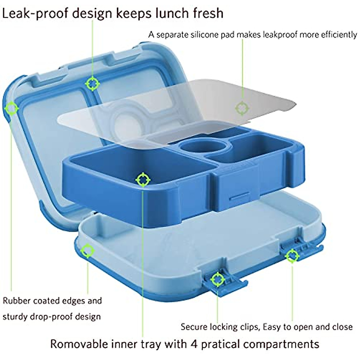 LROZA Leakproof Kids Lunch Box | 4-Compartment Bento Box for Kids | BPA-Free | School Lunch Container for Boys Girls | Children Travel On-the-Go Meal and Snack Packing Containers, BLUE-1