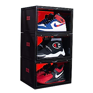 ShoeBaks 3 Pack Shoe Display Case Stackable Shoe Box and Storage Container Organizer for Shoes Sneakers and Boots Clear Transparent Magnetic Door Black and Red