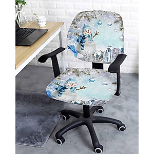 Christmas Snowman Office Chair Cover Stretchable Computer Chair Seat Cover Backrest Slipcovers, Stretchable Rotating Desk Chair Seat Cushion Split Protectors Silver Xmas Ball Pine Tree Leaves