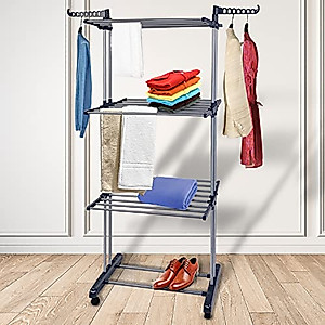 iMounTEK Clothes Drying Rack, Oversize 3-Tier Drying Rack Clothing (70" Height) Rolling Clothes Rack Laundry Drying Rack Clothing Drying Rack Garment Dryer Stand with 2 Side Wings