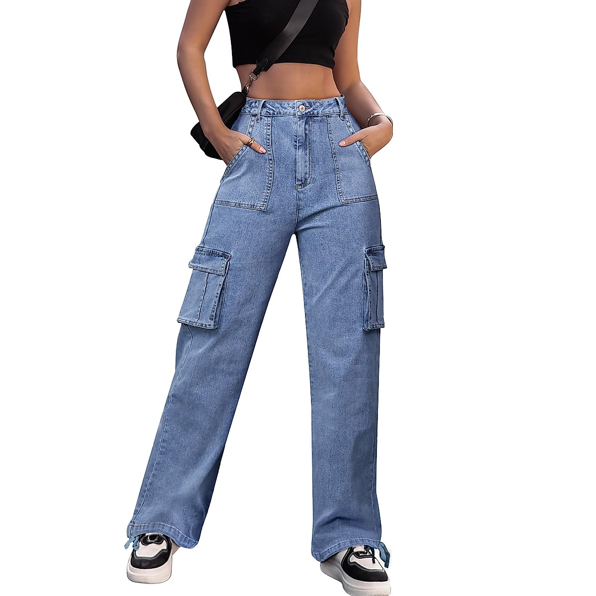 ZMPSIISA Women High Waisted Cargo Jeans Pants Wide Leg Casual Denim Pants 6 Pockets Combat Military Trousers(Denim Blue,X-Large)
