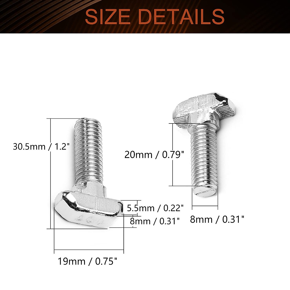 MroMax M8-1.25x25mm T Slot Bolts Carbon Steel Drop-in Stud Sliding Screw Bolt Metric Hammer Head Bolt for European Standard 45 Series Aluminum Extrusions Silver 20Pcs