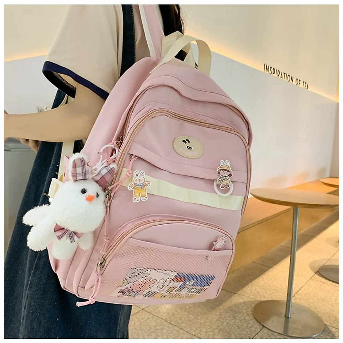 Kawaii Backpack with Cute Pins Bunny Plush Pendant, Aesthetic School Bags Bookbag, Lovely Japanese Ita Bag Daypack (Pink)